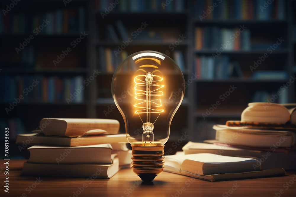 Light bulbs and books. Concept of reading books, knowledge, and searching for new ideas ...