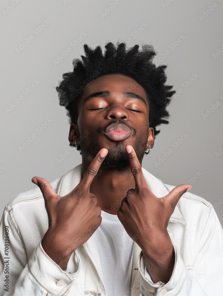 Portrait of a handsome black man using sign language, eyes shut, giving ...
