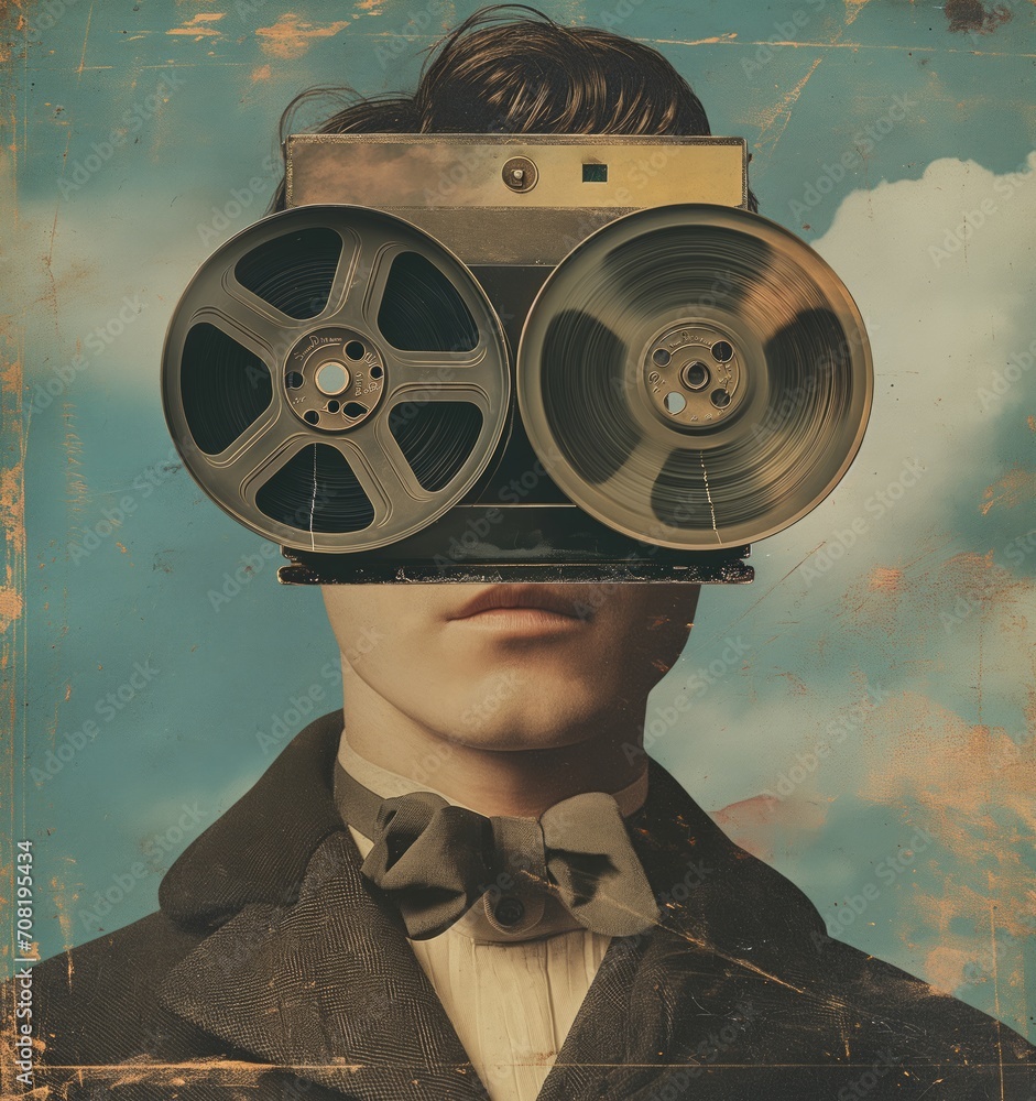 Vintage man wearing a film reel on his head, in the style of collage ...