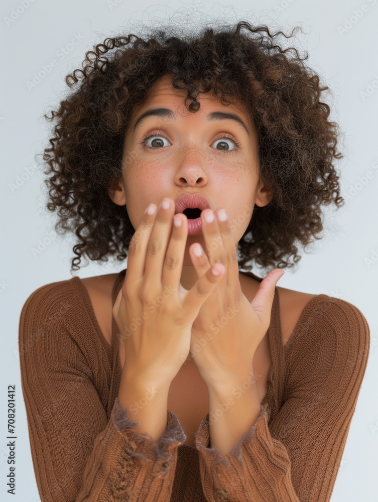 Portrait of a cute metis girl with curly hair and freckles, funny ...
