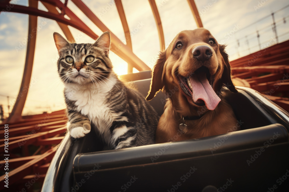 Funny pets. Exhilarated dog and calm cat together in a roller coaster ...