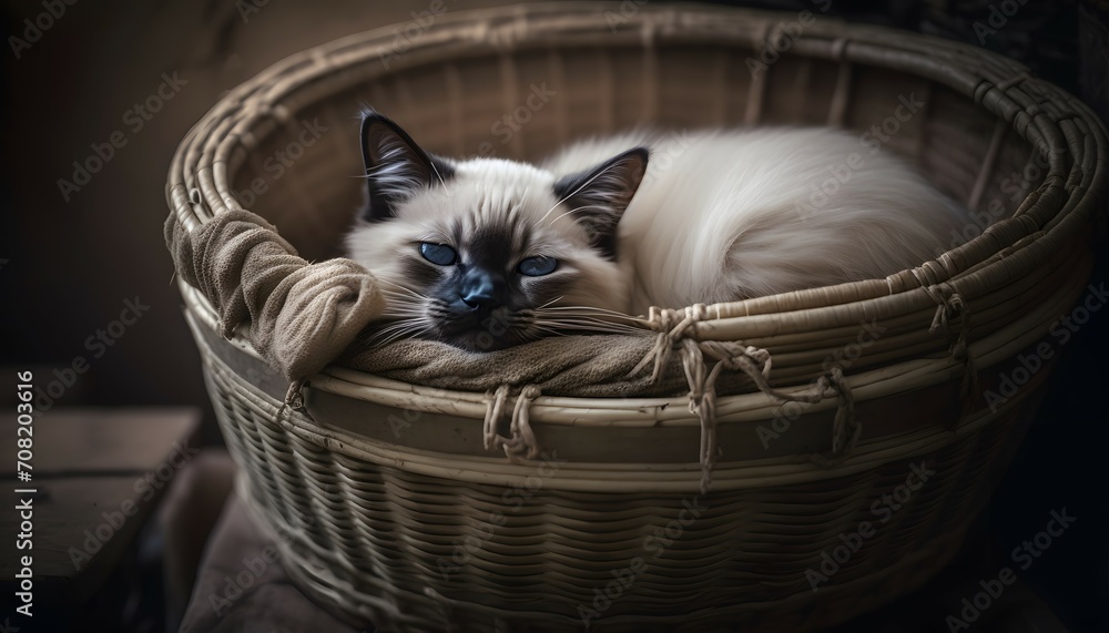 Balinese cat curled up in a wicker basket., Contemporary, Beautiful ...