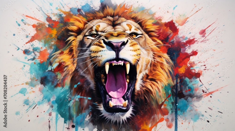 an art print in watercolor depicting a roaring lion, portrayed in ...