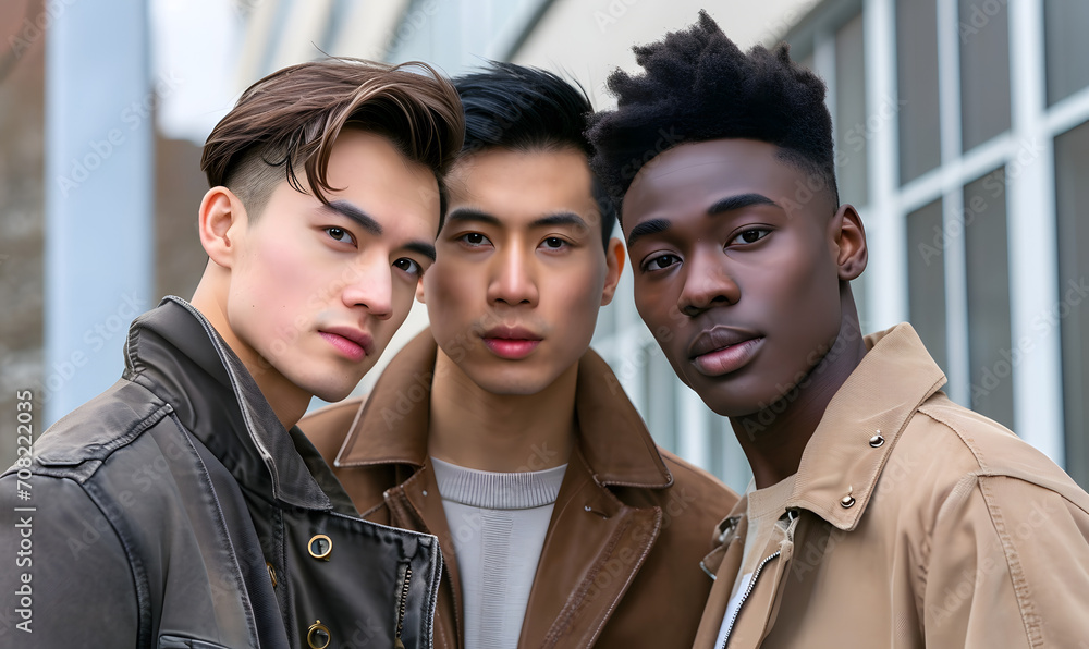 three handsome male models standing next to each other at a fashion ad ...