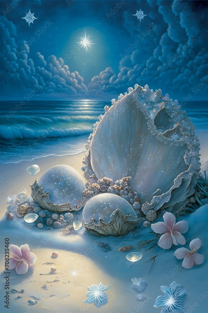 A CG rendering of many beautiful pale blue large shells and pale pink ...