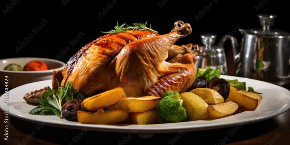 The roast chicken boasts a splendid presentation, with its succulent ...