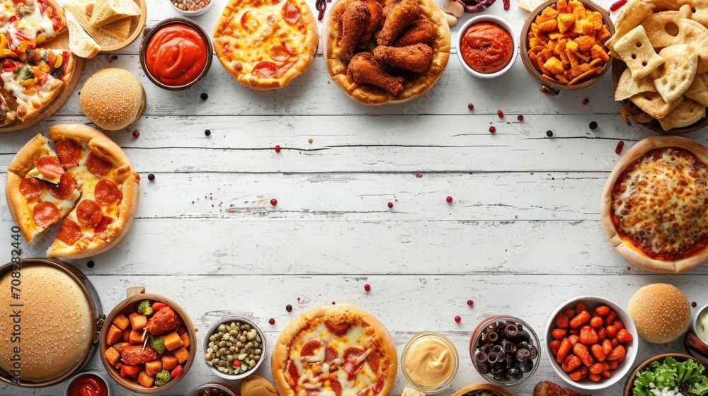 top view, Junk food on border with white wood banner background Stock ...