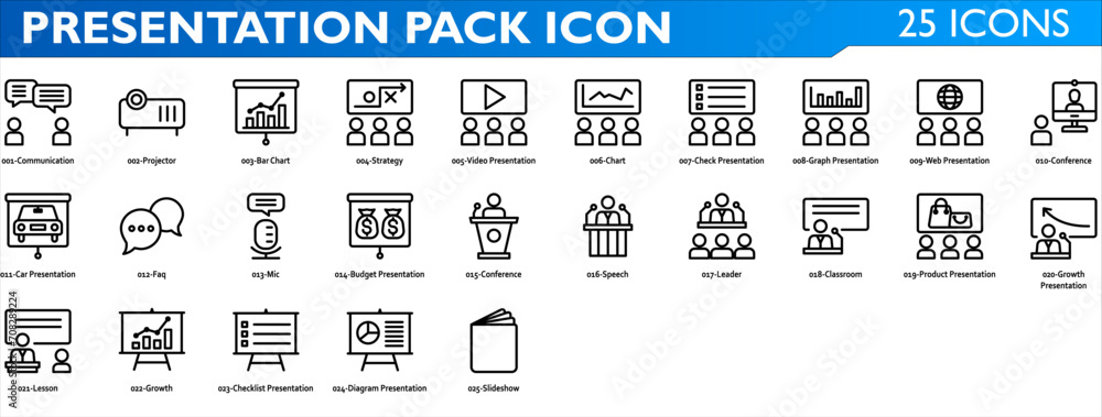 Presentation icon set. Containing communication, bar chart, strategy ...
