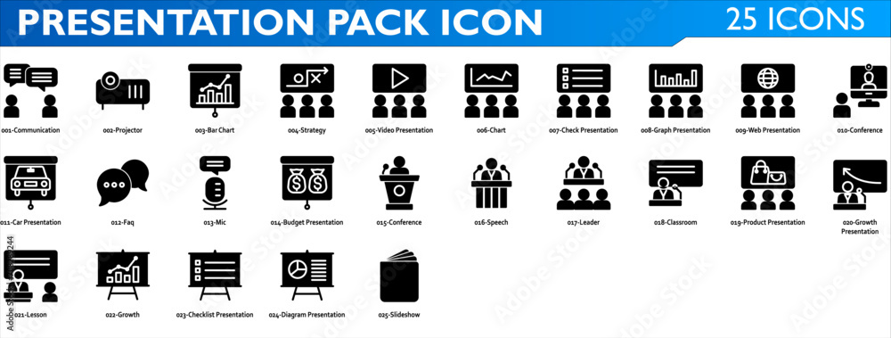 Presentation icon set. Containing communication, bar chart, strategy ...