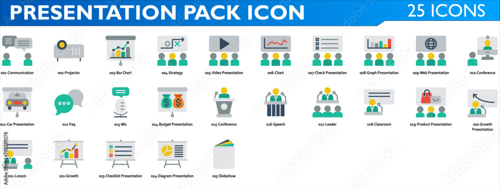 Presentation icon set. Containing communication, bar chart, strategy ...