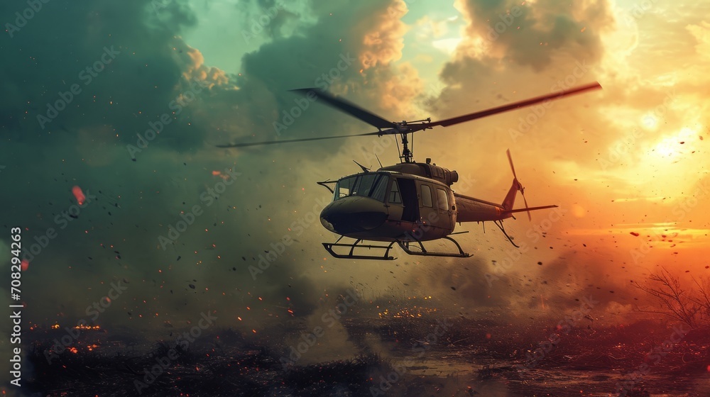 A Armored Helicopter Flying And Shooting On A Battle Field In A War Bombs And Explosions In The