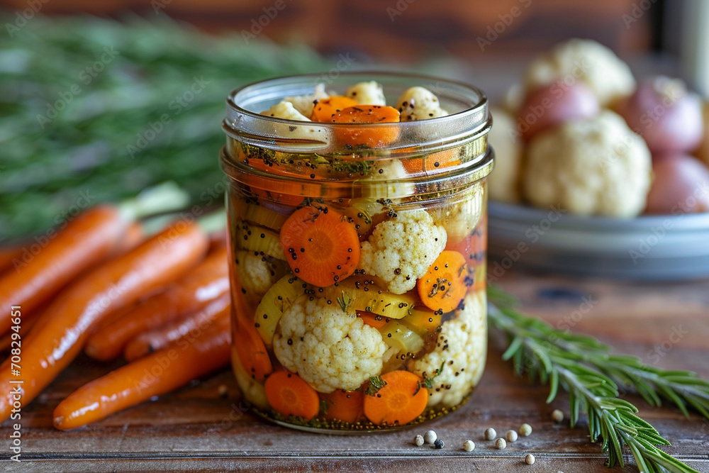 A visually striking jar of pickled cauliflower and carrots, their crisp ...