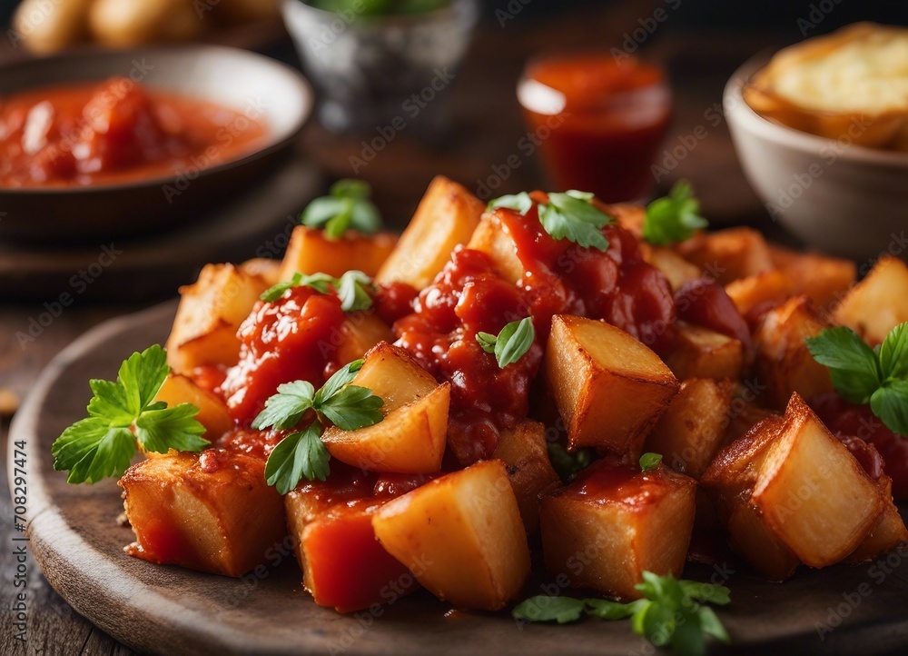 Spanish potatoes patatas bravas with tomato and spicy sauce Stock Photo ...