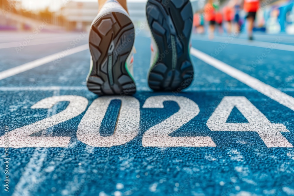 Athletes are getting ready to run on a track with the word 2024 in the ...