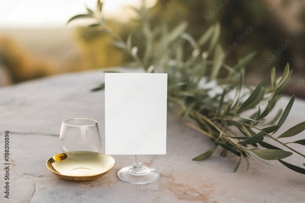 Blank business card mockup on champagne glass with golden rim. Blurred ...