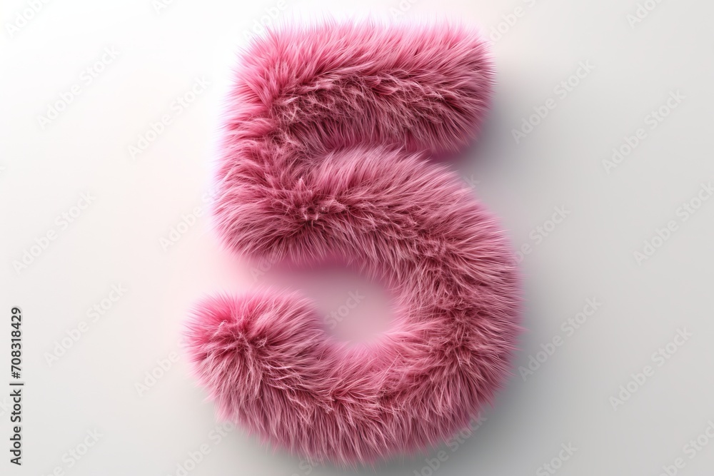 Cute pink number 5 or five as fur shape, short hair, white background ...
