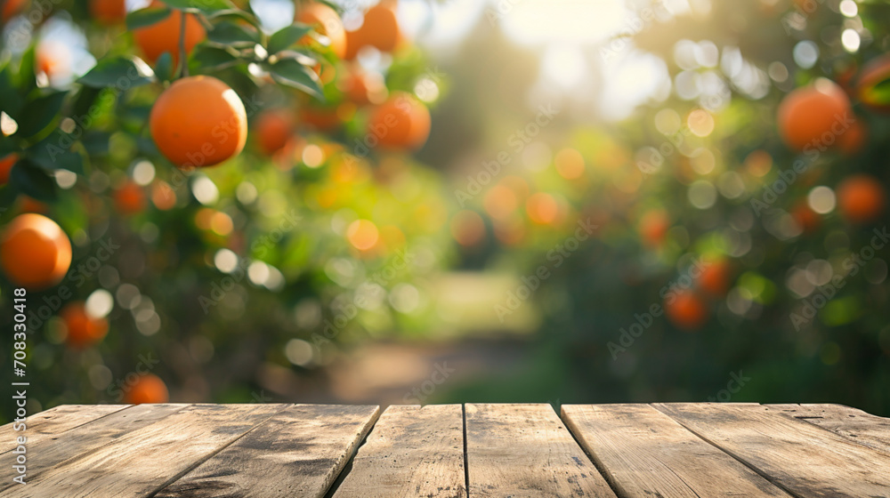 Empty wood table with free space over orange trees, orange field ...