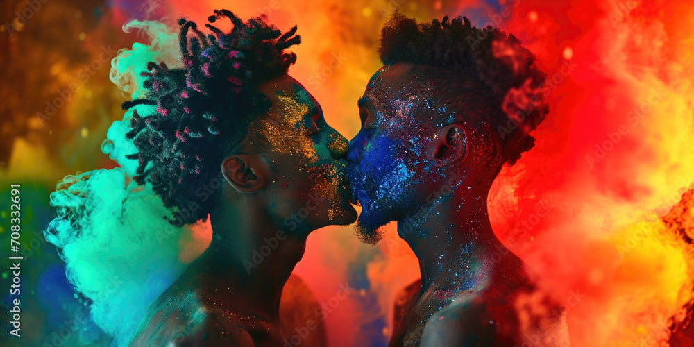 African American gay couple kissing on bokeh background. LGBTQ pride month. Two young men ...