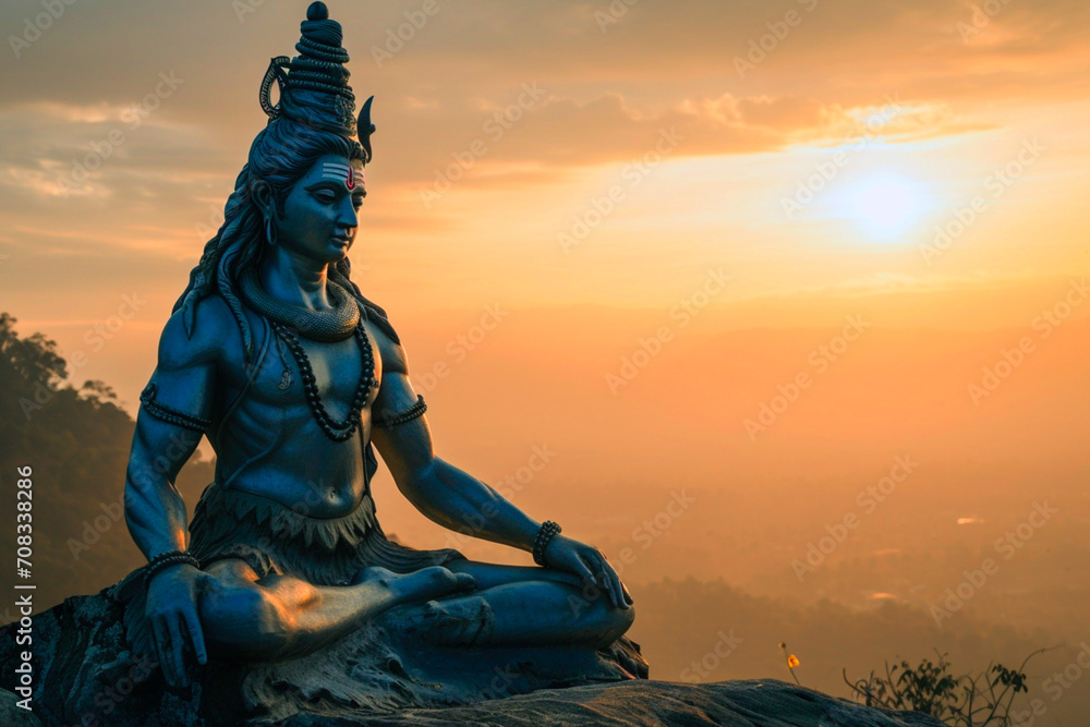 Statue of head of indian hindu Lord Shiva hand holding Trident sitting ...