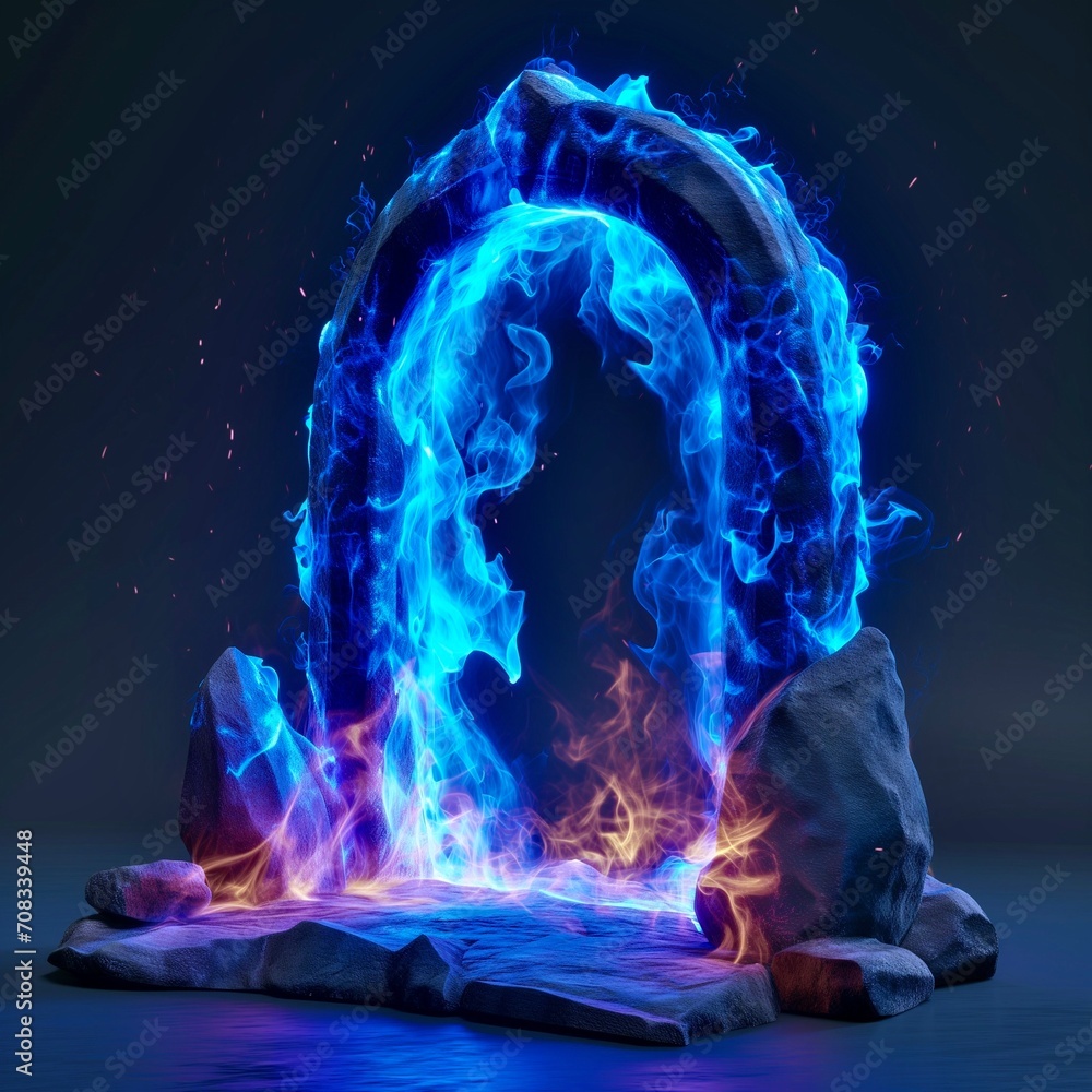 Magic Gate. Blue light, Fire. Portal in a stone arch. Fantasy gate ...