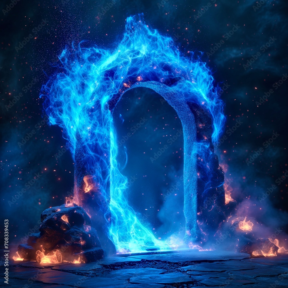 Magic Gate. Blue light, Fire. Portal in a stone arch. Fantasy gate ...