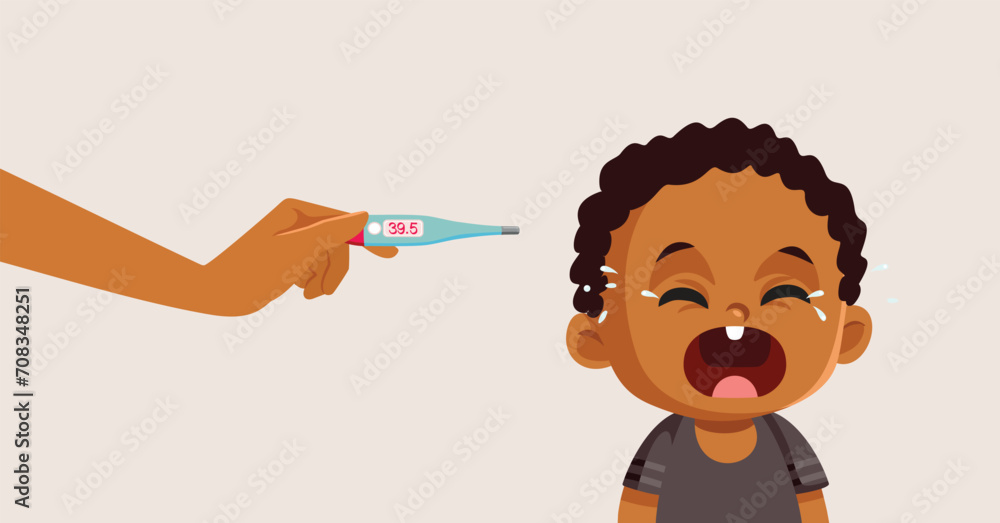 Mother Using a Thermometer on Feverish Baby Crying Vector Medical ...