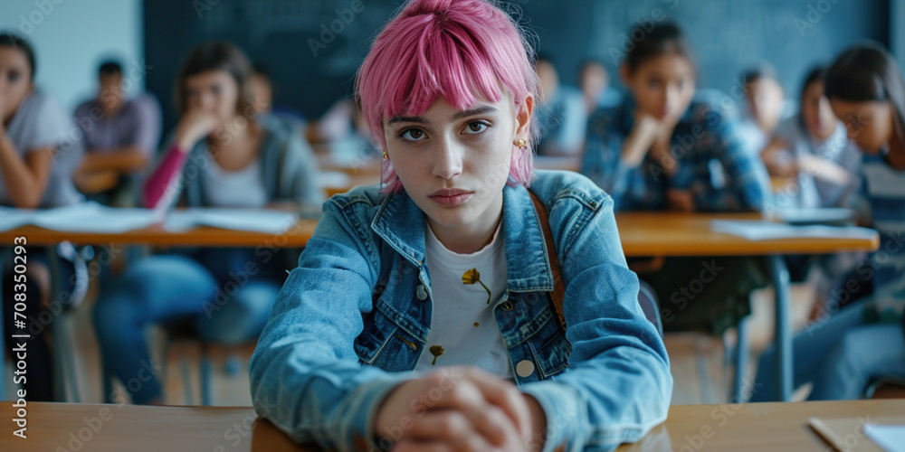 Groupmates bullying at sad girl with pink hair in school classroom ...