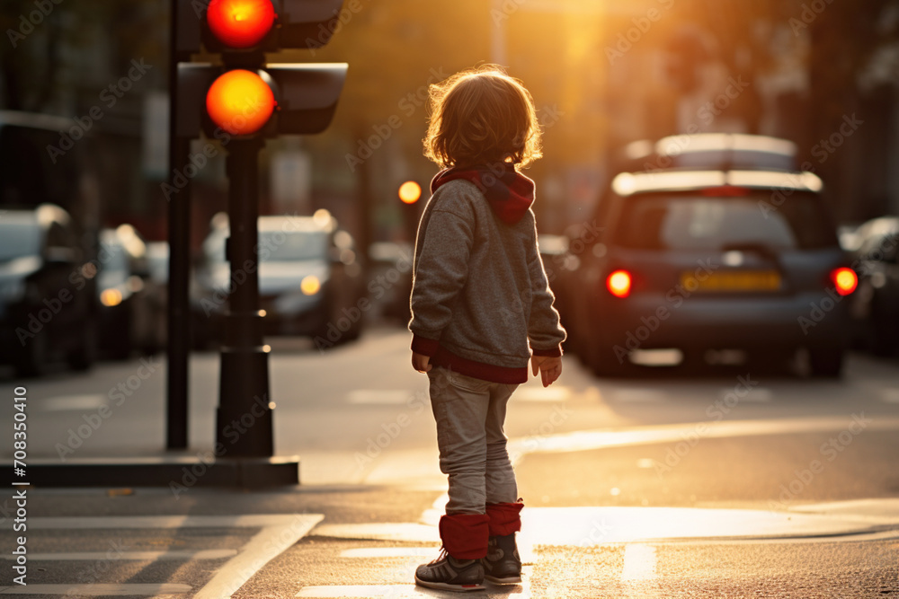 Back of child on road on crosswalk at red traffic light in city cars ...