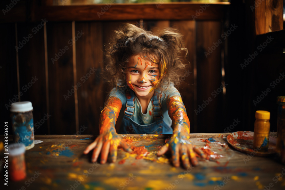 Laughing elementary school child with stained shirt and dirty face on ...
