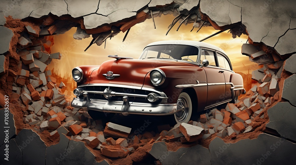 3d wallpaper design with a classic car jumping out of broken graffinti ...