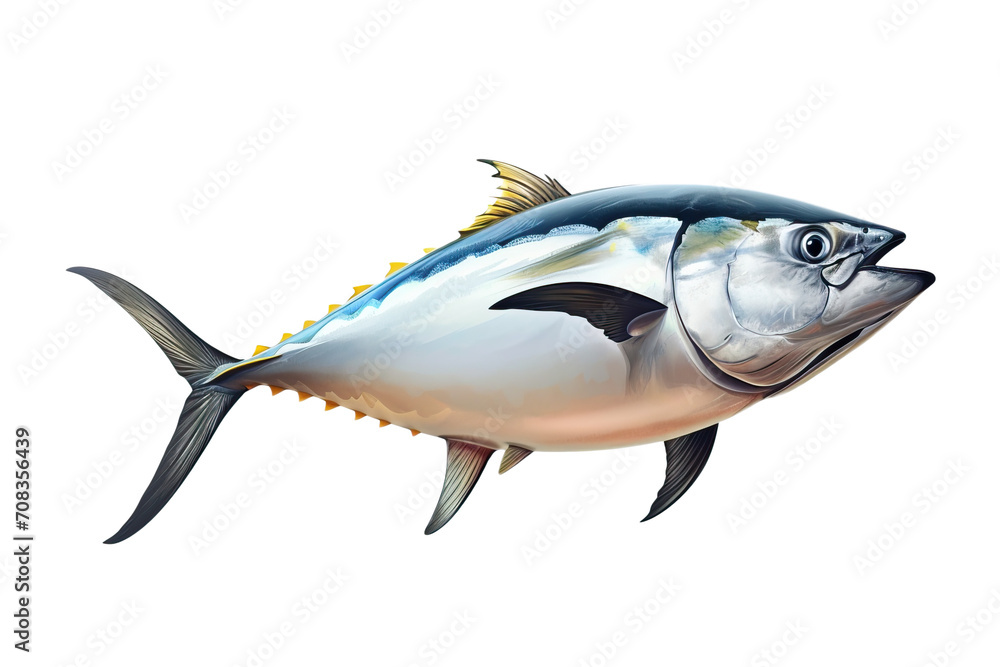 Atlantic yellowfin tuna mid-jump, showing off its streamlined shape and ...