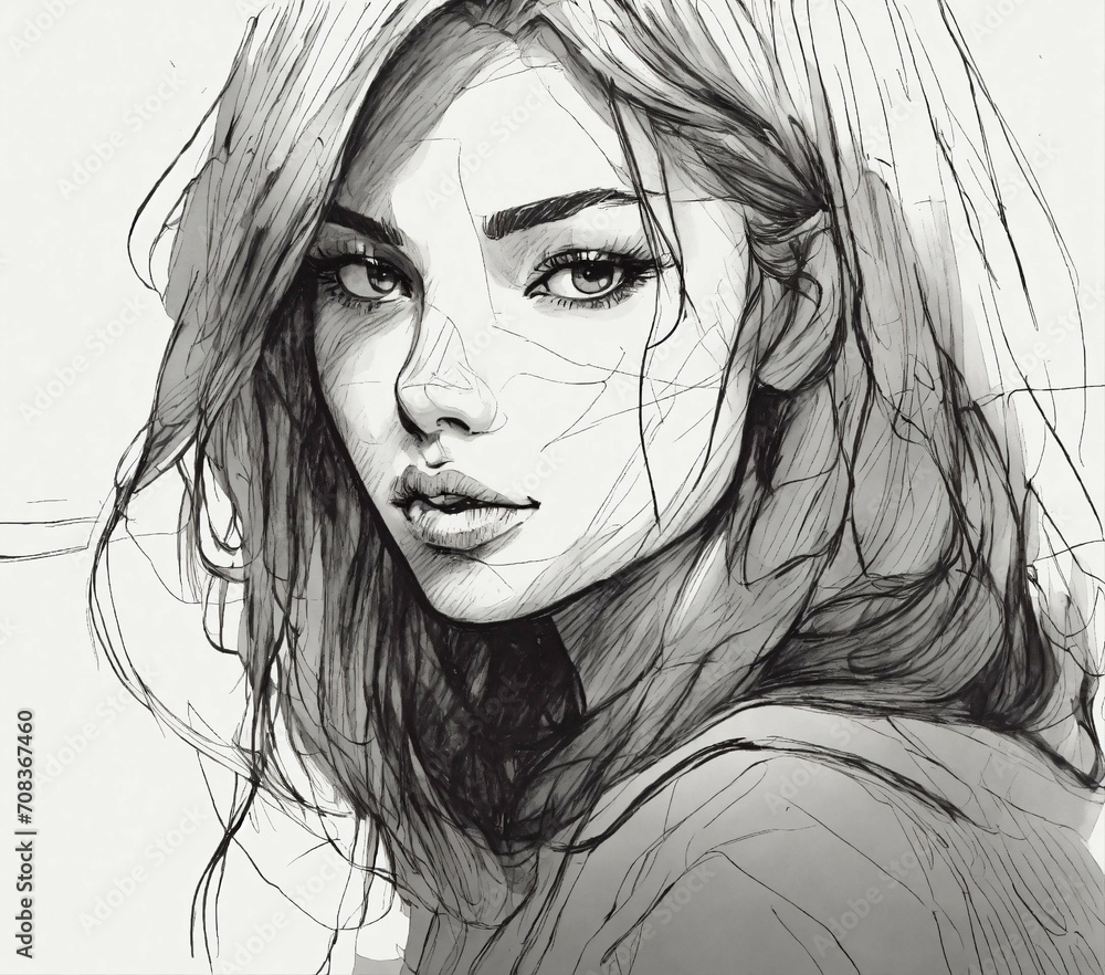 Scratchy pen strokes, blind contour, fisheye perspective closeup ...