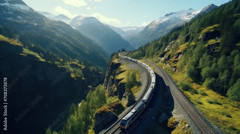 Drone footage revealing a train journey along a steep mountain slope ...