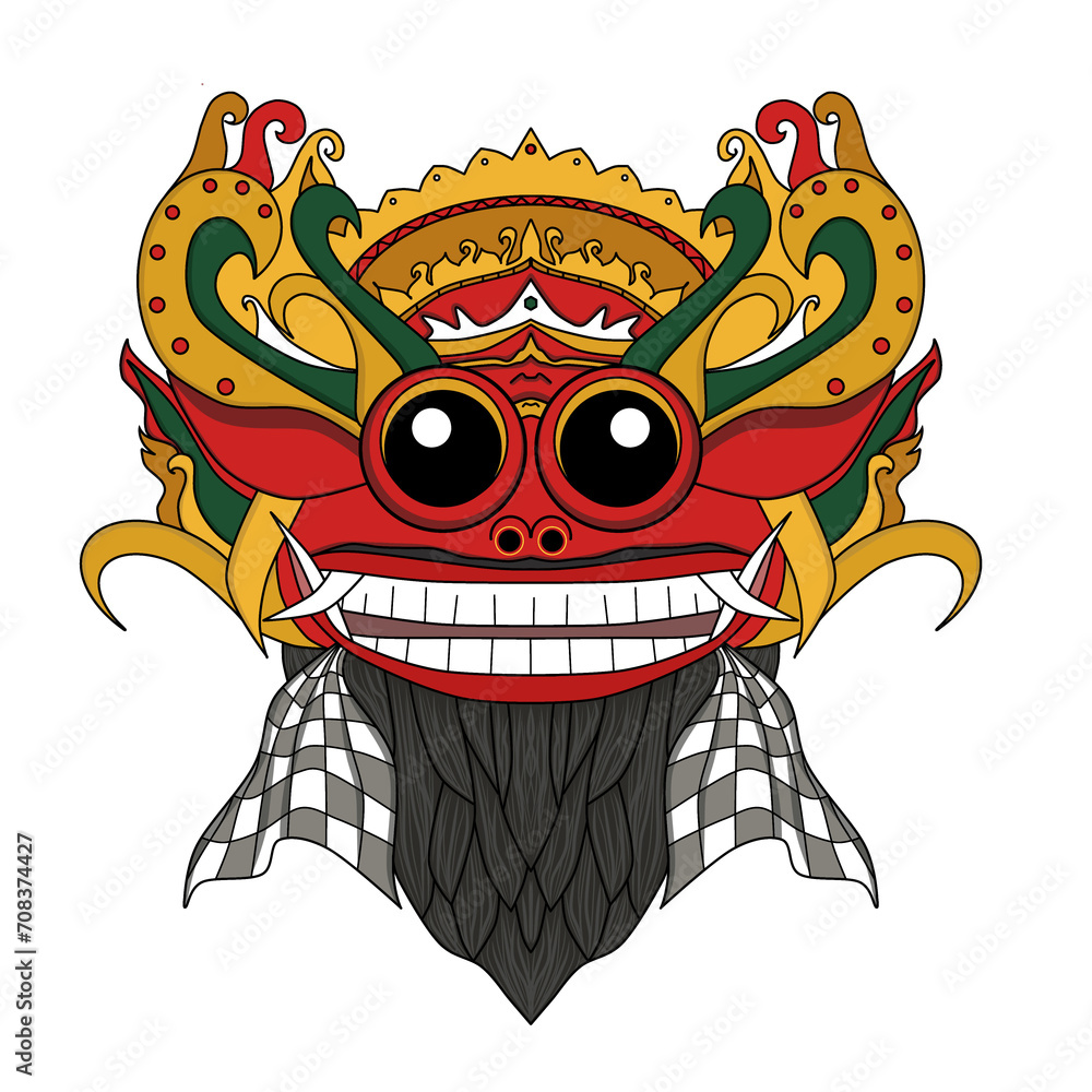 Barong illustration doodle with gold, green, red, white, gray and ...