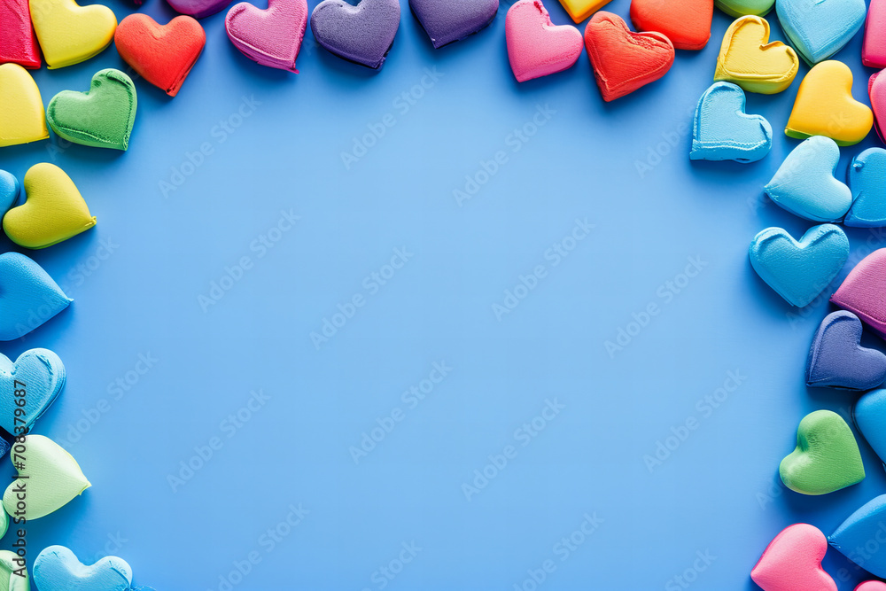 Simple flat color rainbow hearts border frame on bright background ...