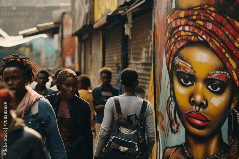 Street scene with mural of African woman. Black History Month relevance ...