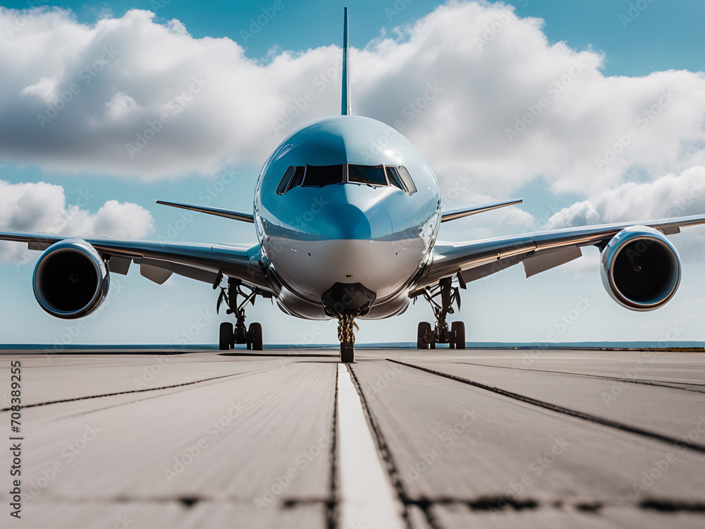 Passenger airliner on runway, ready for take off. Blue sky and clouds ...