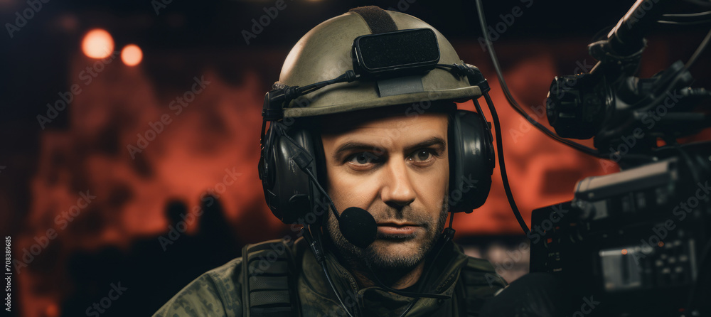 a male military correspondent, a reporter in a helmet and bulletproof ...