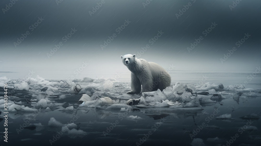 Puzzled polar bear stands in desolate gray world of melted ice, plastic ...