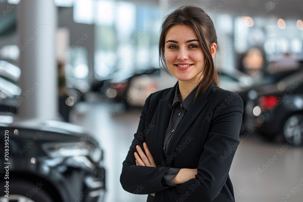 Professional luxury car saleswoman in luxury showroom. Auto dealership ...