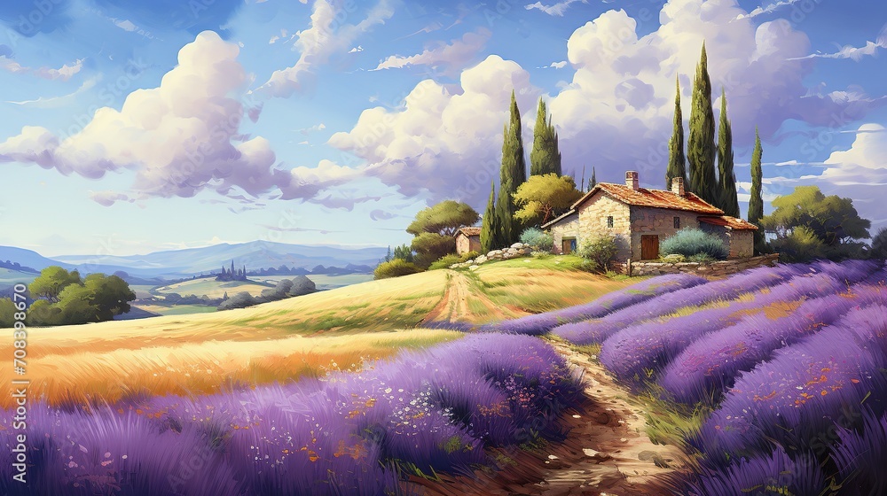 Idyllic landscape painting of a rustic countryside home amidst lavender ...