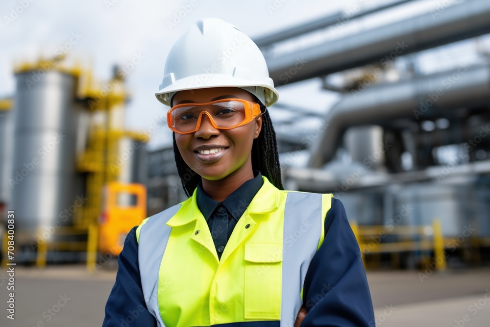 Black female chemical engineer wearing hard hat and safety glasses at ...