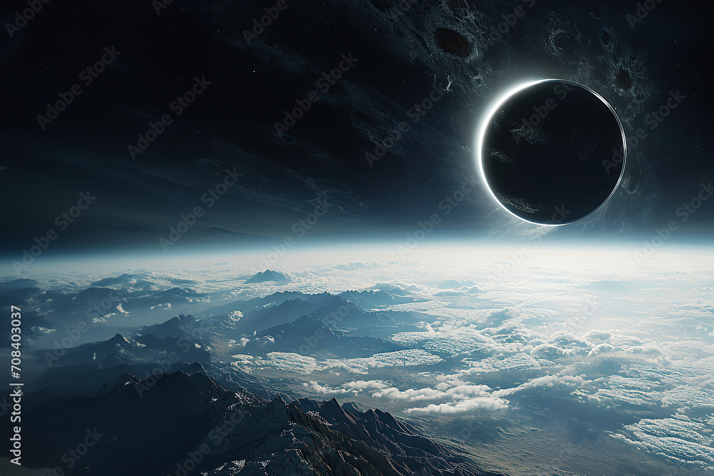 Solar eclipse is viewed from space, showing a delicate crescent of ...
