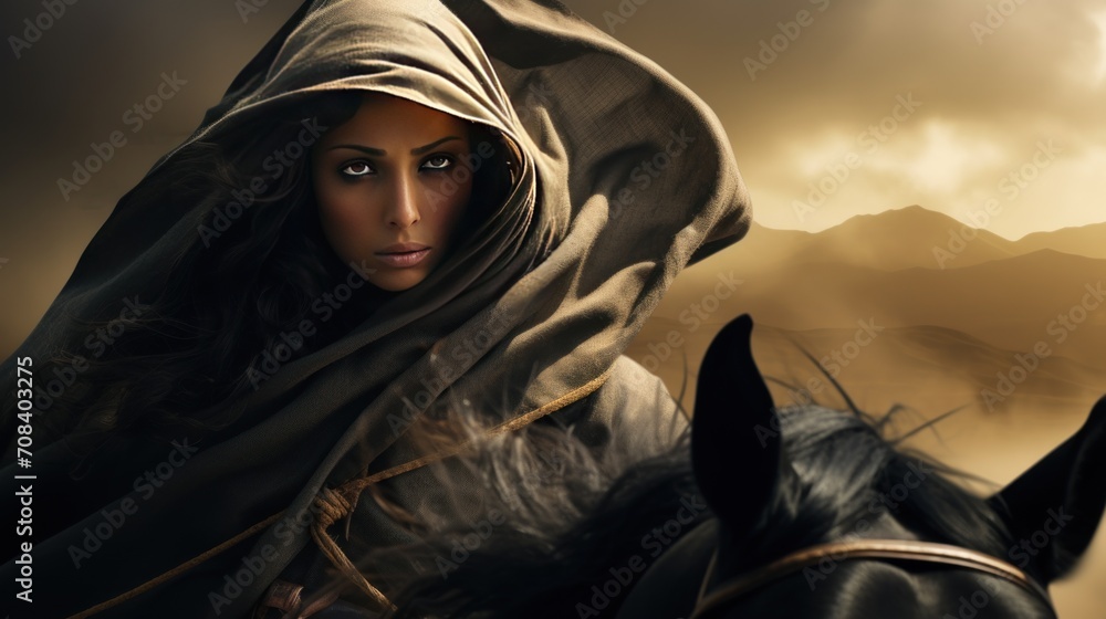 Beautiful Muslim woman warrior and veiled on horseback AI generated ...