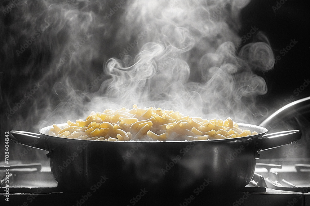 A portrayal of a pasta whirlpool in a large cooking pot, with steam ...