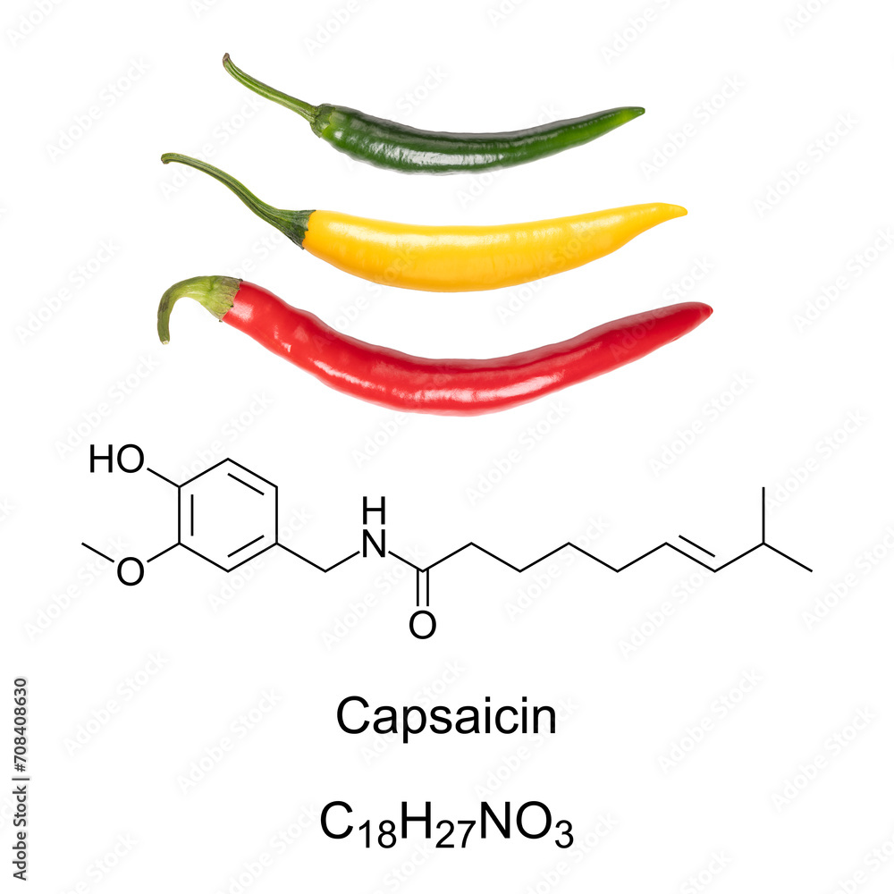 Cayenne chili peppers, and capsaicin chemical formula and structure ...