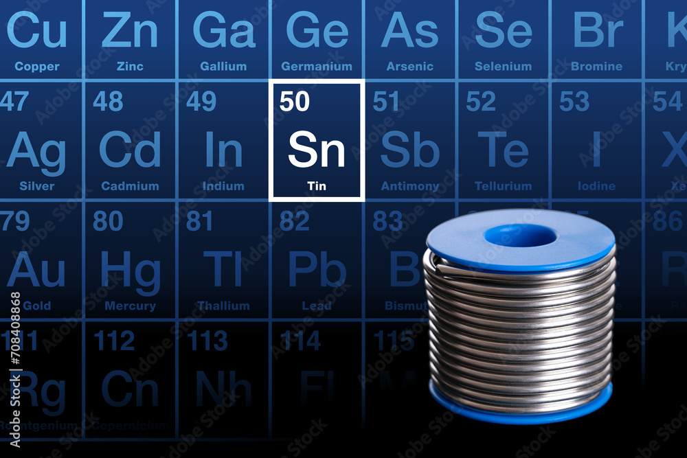 Spool of soft solder wire, and element tin on the periodic table. A ...