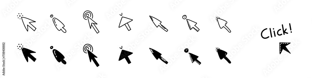 Doodle click mouse cursors. Different click buttons set with lettering ...