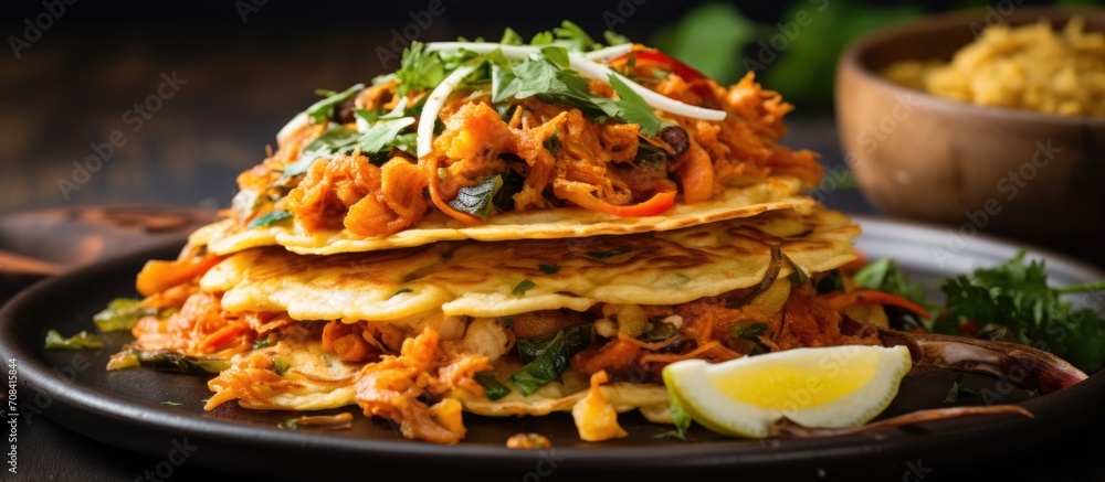 South Indian street food made with layered bread pieces, meat, egg, and ...