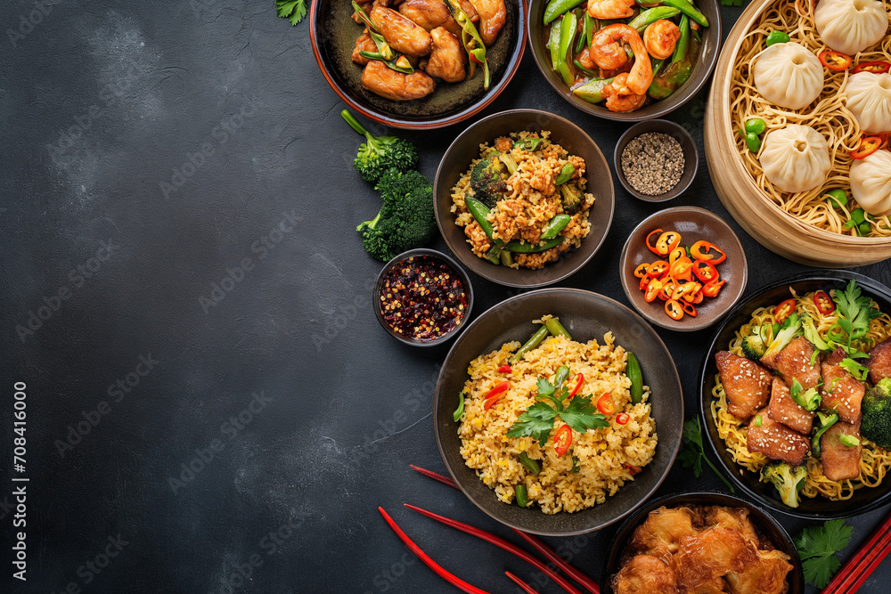 Assorted Chinese dishes. Chinese noodles, fried rice, kimchi, dumplings ...